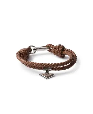 Prada Braided Leather Bracelet With Triangle Charm - Cognac