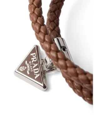 Prada Braided Leather Bracelet With Triangle Charm - Cognac