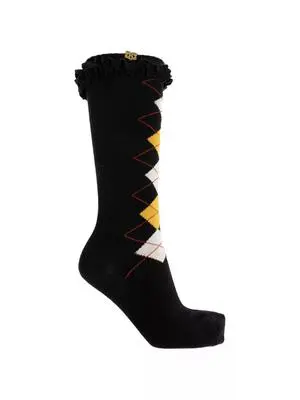 GANNI Argyle Knit Knee High Socks With Ruffled Trim