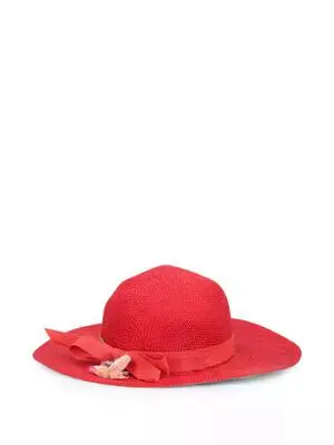 Vintage Sun Hat With Floral Embellishments And Bow Detail - Red