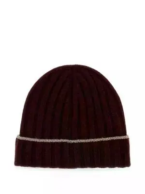 Brunello Cucinelli Ribbed Knit Contrast Stripe Beanie Hat - Red