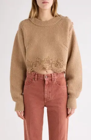 Chloé Ribbed Wool & Cashmere Crop Sweater With Guipure Lace Trim - Bleached Brown