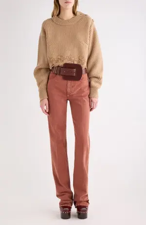 Chloé Ribbed Wool & Cashmere Crop Sweater With Guipure Lace Trim - Bleached Brown