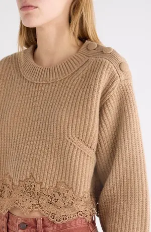 Chloé Ribbed Wool & Cashmere Crop Sweater With Guipure Lace Trim - Bleached Brown
