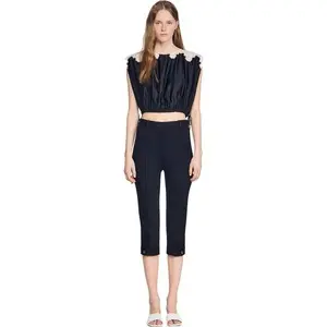 Sandro Contrast Lace Crop Top - Black/ecru