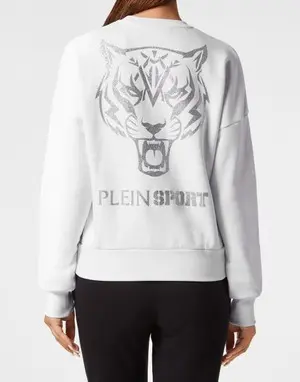 PLEIN SPORT Cropped Long Sleeve Sweatshirt With Glitter Tiger Graphic