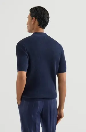 Brunello Cucinelli Cotton English Rib Knit Polo Shirt - Navy Blue