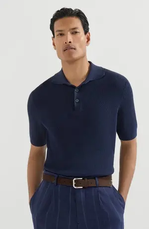 Brunello Cucinelli Cotton English Rib Knit Polo Shirt - Navy Blue
