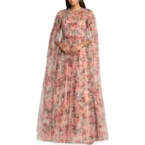 Mac Duggal Floral Mesh High Neck Cape Sleeve Ruffle Gown