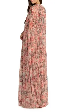 Mac Duggal Floral Mesh High Neck Cape Sleeve Ruffle Gown