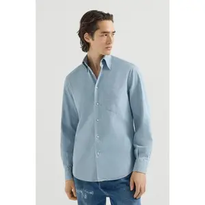 Brunello Cucinelli Lightweight Denim Shirt With Italian Collar And Chest Pocket - Light Blue Denim