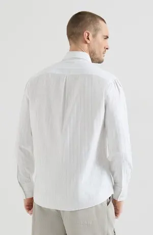 Brunello Cucinelli Cotton Textured Striped Chevron Shirt With Button-down Collar