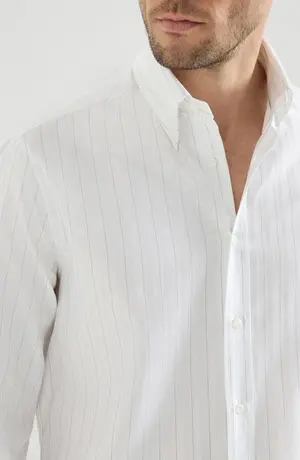 Brunello Cucinelli Cotton Textured Striped Chevron Shirt With Button-down Collar