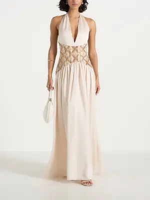 Manière De Voir Ava Halterneck Embellished Corset Gathered Maxi Dress - Cream