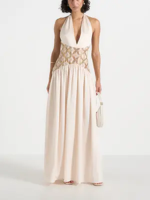 Manière De Voir Halterneck Embellished Corset Maxi Dress - Cream