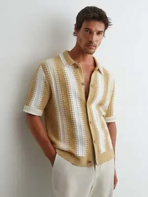 REISS Dale Stitch-detail Stripe Knitted Shirt With Cotton - Yellow/white