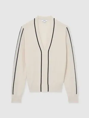 REISS Mila Wool-blend V-neck Jumper With Stripe Detail And Cashmere - Ivory/navy