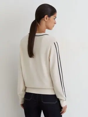 REISS Mila Wool-blend V-neck Jumper With Stripe Detail And Cashmere - Ivory/navy