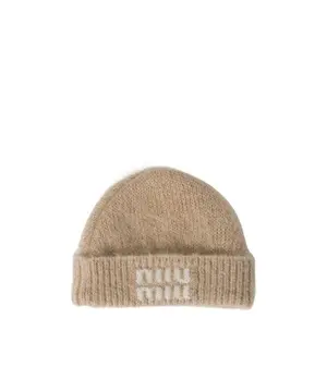 Miu Miu Miu Miu Logo Intarsia Beanie Natural