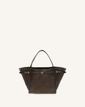 TOD'S Suede Tote Bag With Leather Inserts And T Timeless Detail - Brown