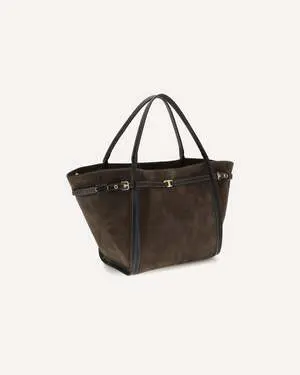 TOD'S Suede Tote Bag With Leather Inserts And T Timeless Detail - Brown
