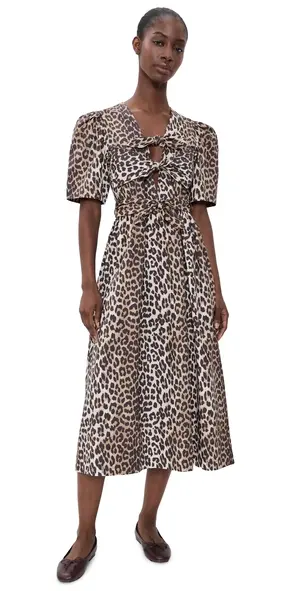GANNI Printed Cotton Tie Strap Midi Dress - Leopard
