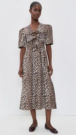 GANNI Printed Cotton Tie Strap Midi Dress