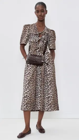 GANNI Printed Cotton Tie Strap Midi Dress