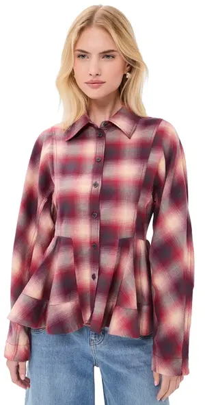 GANNI Cotton Flannel Check Peplum Shirt