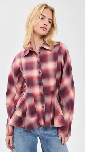 GANNI Cotton Flannel Check Peplum Shirt