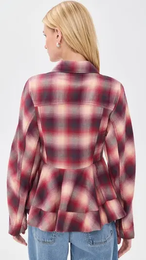 GANNI Cotton Flannel Check Peplum Shirt