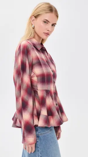 GANNI Cotton Flannel Check Peplum Shirt