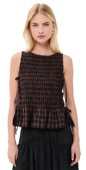 GANNI Smocked Check Tie Top - Cappuccino