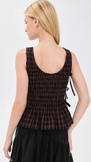 GANNI Smocked Check Tie Top