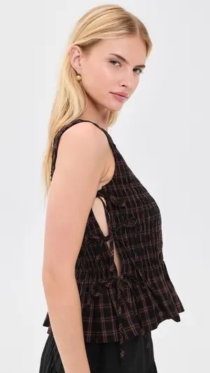 GANNI Smocked Check Tie Top