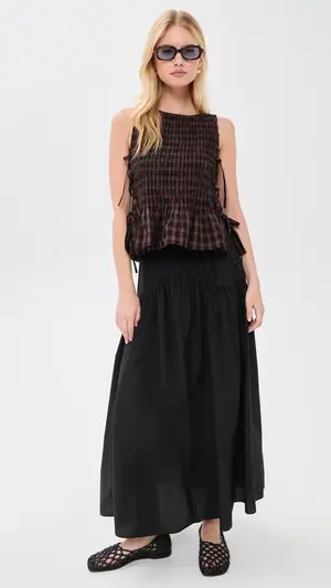 GANNI Smocked Check Tie Top