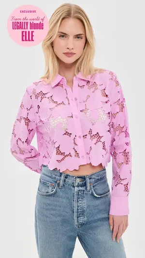 L'Agence Seychelle Cropped Button-down Shirt With Floral Embroidery - Peony