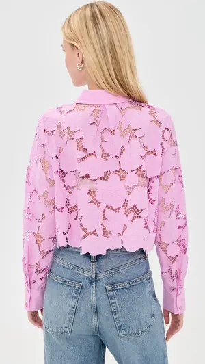 L'Agence Seychelle Cropped Button-down Shirt With Floral Embroidery And Scalloped Hem - Peony