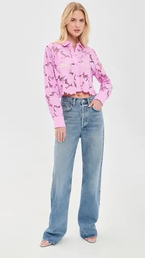 L'Agence Seychelle Cropped Button-down Shirt With Floral Embroidery And Scalloped Hem - Peony