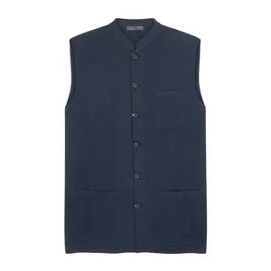 PAUL JAMES KNITWEAR Midweight Cotton Cochin Knitted Nehru Waistcoat Midnight - Blue