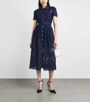 SELF-PORTRAIT Ramie Embroidered Midi Shirt Dress