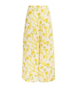 Verandah Linen-cotton Floral Wide-leg Trousers - Yellow
