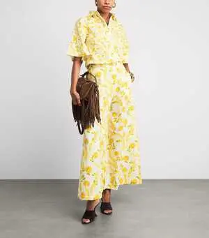 Verandah Linen-cotton Floral Wide-leg Trousers