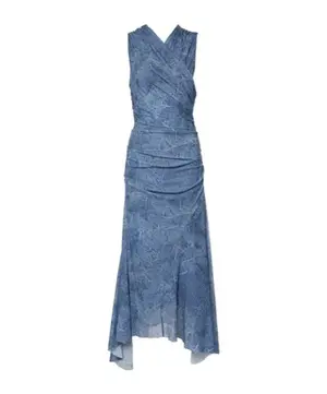GANNI Printed Ruched Mesh Maxi Dress - Blue