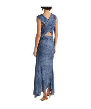 GANNI Printed Ruched Mesh Maxi Dress