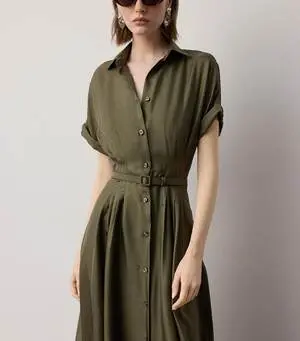Ralph Lauren Silk Donatella Midi Shirt Dress - Green
