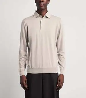 LARDINI Virgin Wool Long-sleeve Polo Shirt - Beige