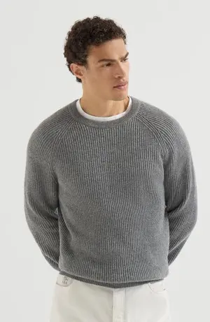 Brunello Cucinelli Cashmere English Rib Sweater With Raglan Sleeves - Dark Grey