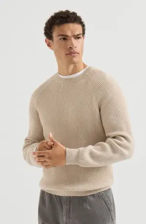 Brunello Cucinelli Cashmere English Rib Sweater With Raglan Sleeves - Sand