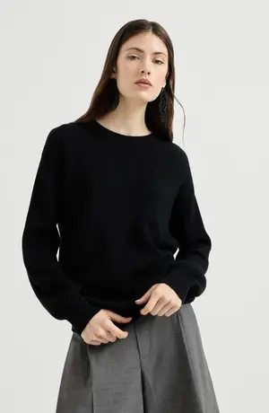 Brunello Cucinelli Cotton English Rib Sweater With Monili - Black